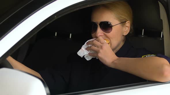 Lady Cop Eating Burger in Patrol Car, Unhealthy Snack, Digestion ...