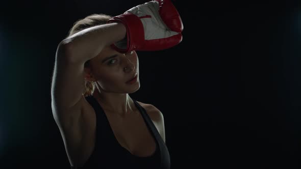 Exhausted Woman Boxer Wiping Sweat From Face After Sport Workout in ...