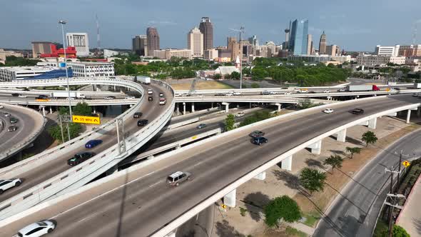 San Antonio Texas skyline. Aerial of freeway highway at golden hour ...