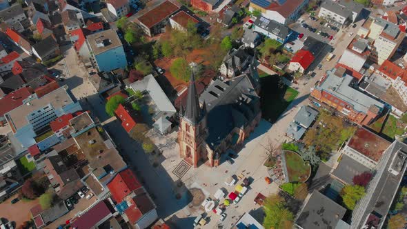 Beautiful morning top view of the central part of Viernheim. Old ...