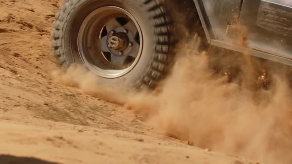 Closeup Moving Suv Driving Along Sandy Road Side View, Stock Footage