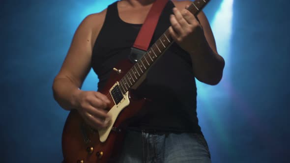 Chubby Male Rocker Musician With Electric Guitar On Stage, Stock Footage