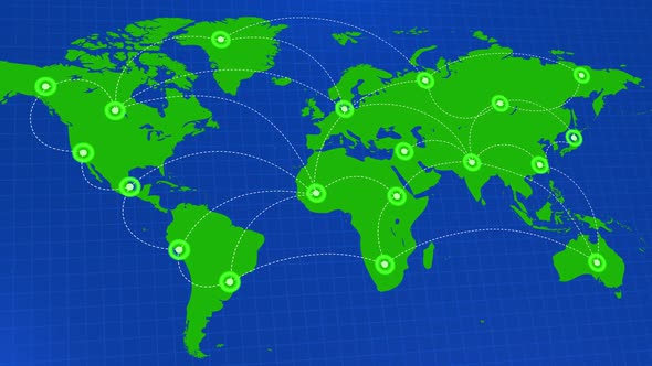 Map of World features glowing Location indicators , Motion Graphics