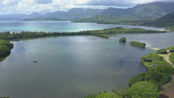 Aerial view of Moli'i pond on the windward side of Kualoa in Kaneohe ...