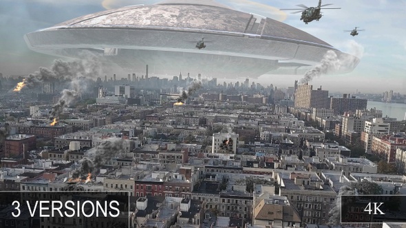 Alien Spaceship Invasion Over Destroyed New York Illustration, Motion ...