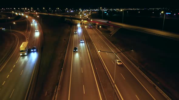 Night Freeway with Bridges and Viaducts Aerial View, Stock Footage