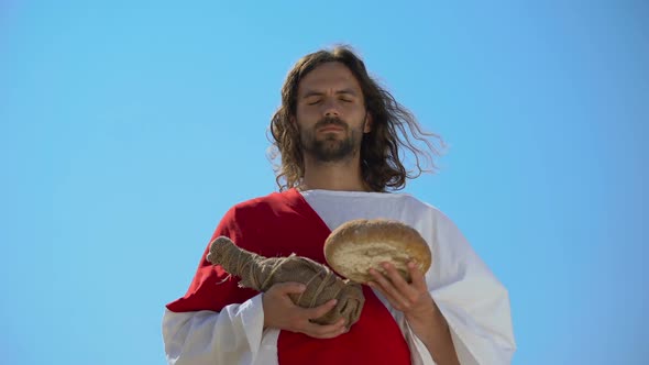 Jesus Holding Bread and Bottle of Wine, Sharing Sacramental Meal, Holy ...