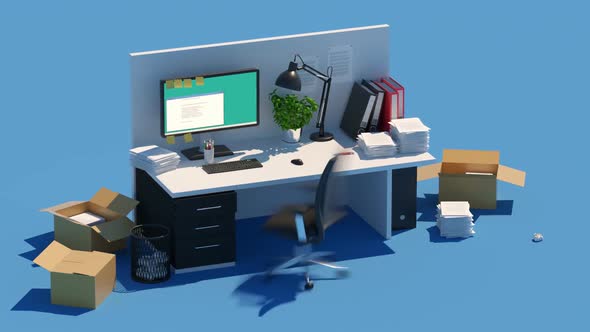 Isolated modern office cubicle. Lots of work piled up. Chaos, overwork ...