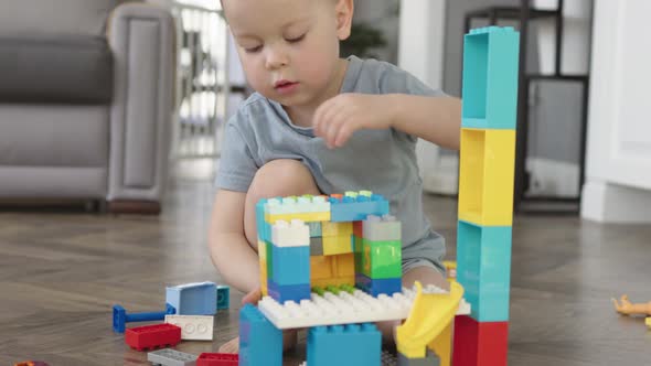 Little Child Boy Playing Building Bricks Blocks Sitting on Floor in ...