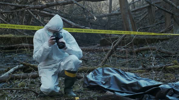 Forensic specialists working in the forest. Crime scene and police ...
