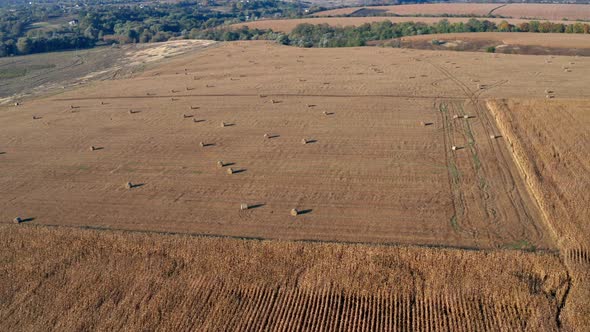 Beautiful morning flight over haystacks. The field is covered with hay ...
