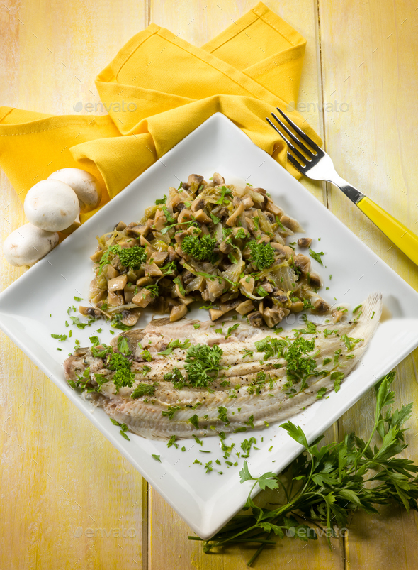 sole fish with sauteeed mushroom Stock Photo by MarcoMayer | PhotoDune