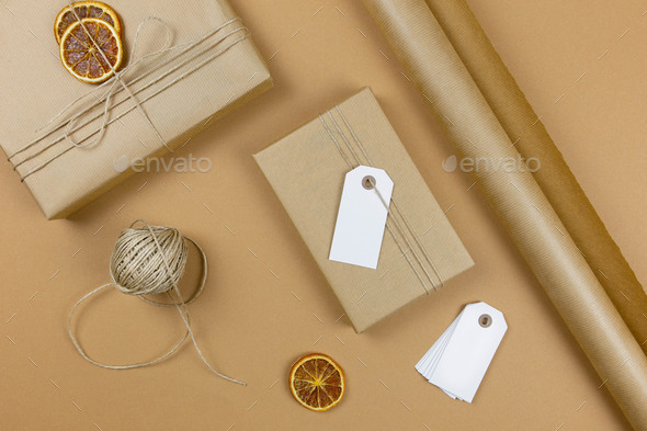 Christmas handmade gift boxes with label tag mockups and decoration ...