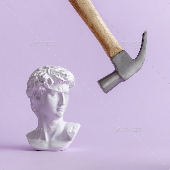 David historical plaster statue of Michelangelo in vaporwave style and ...