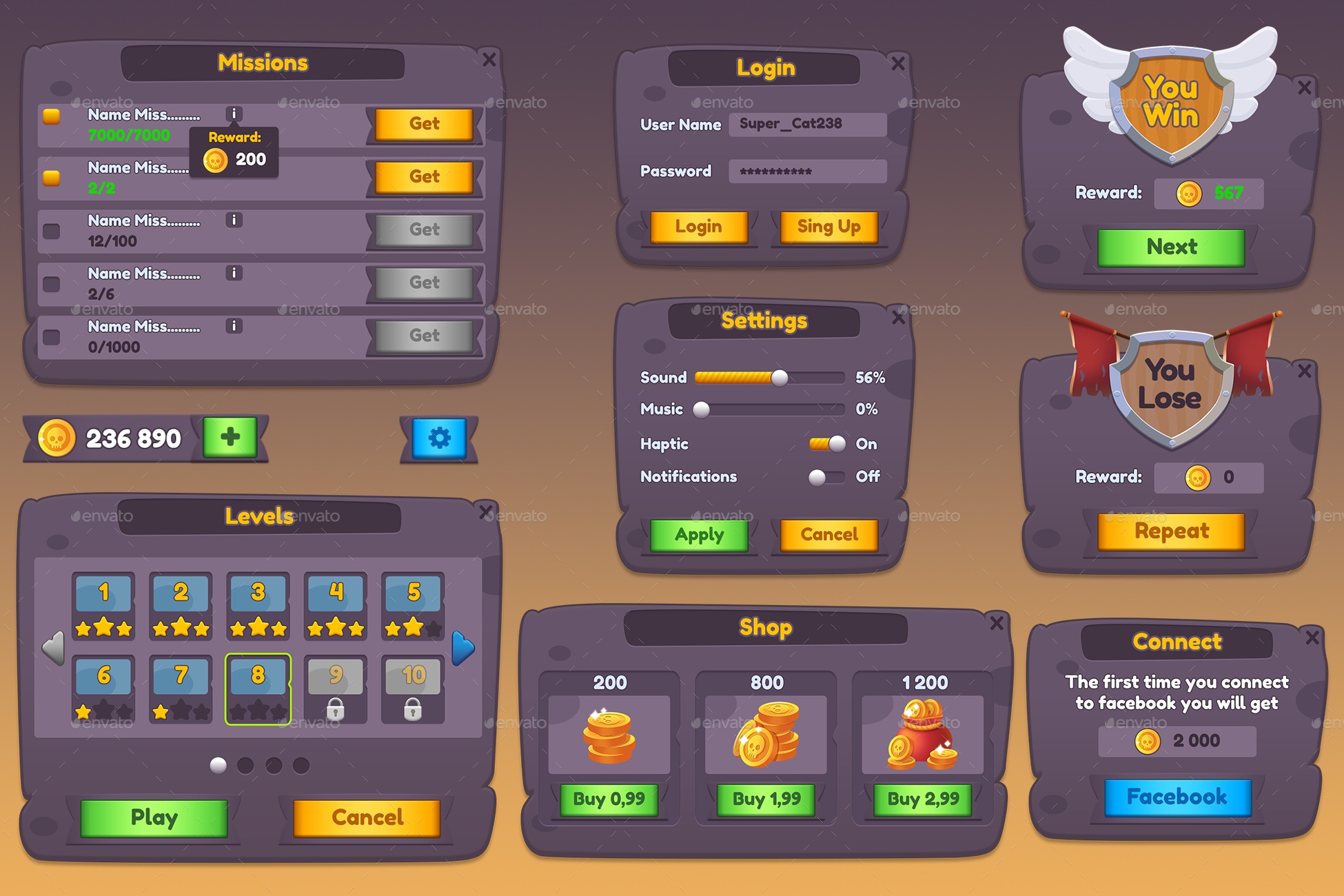 Stone Game UI pack, Game Assets | GraphicRiver