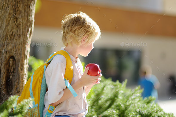 Little schoolboy in a first day at new school Stock Photo by Maria_Sbytova