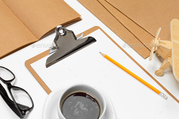 Blank office desk background with copy space for your text. Top view ...