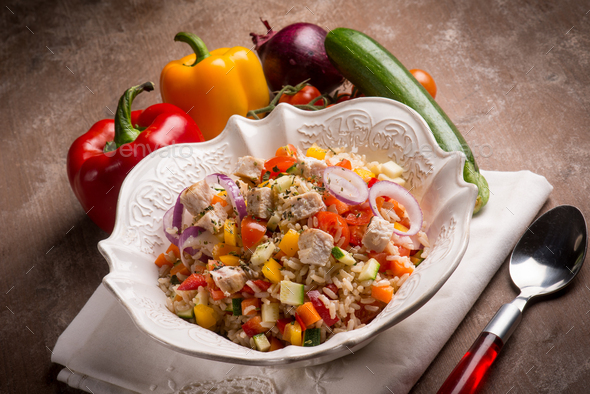 rice salad with fish and mixed vegetables Stock Photo by MarcoMayer