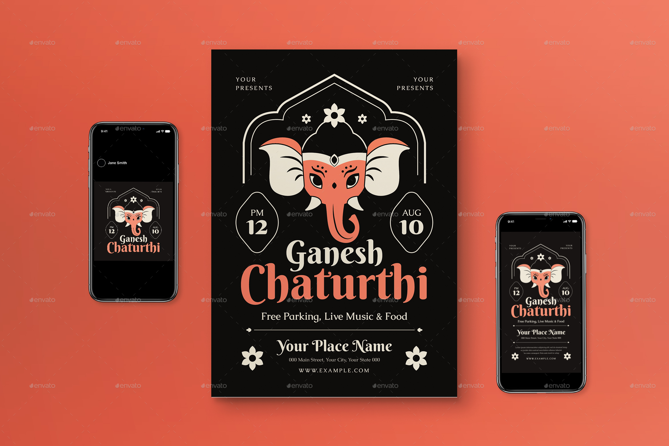 Black Flat Design Ganesh Chaturthi Flyer Set, Print Templates ...