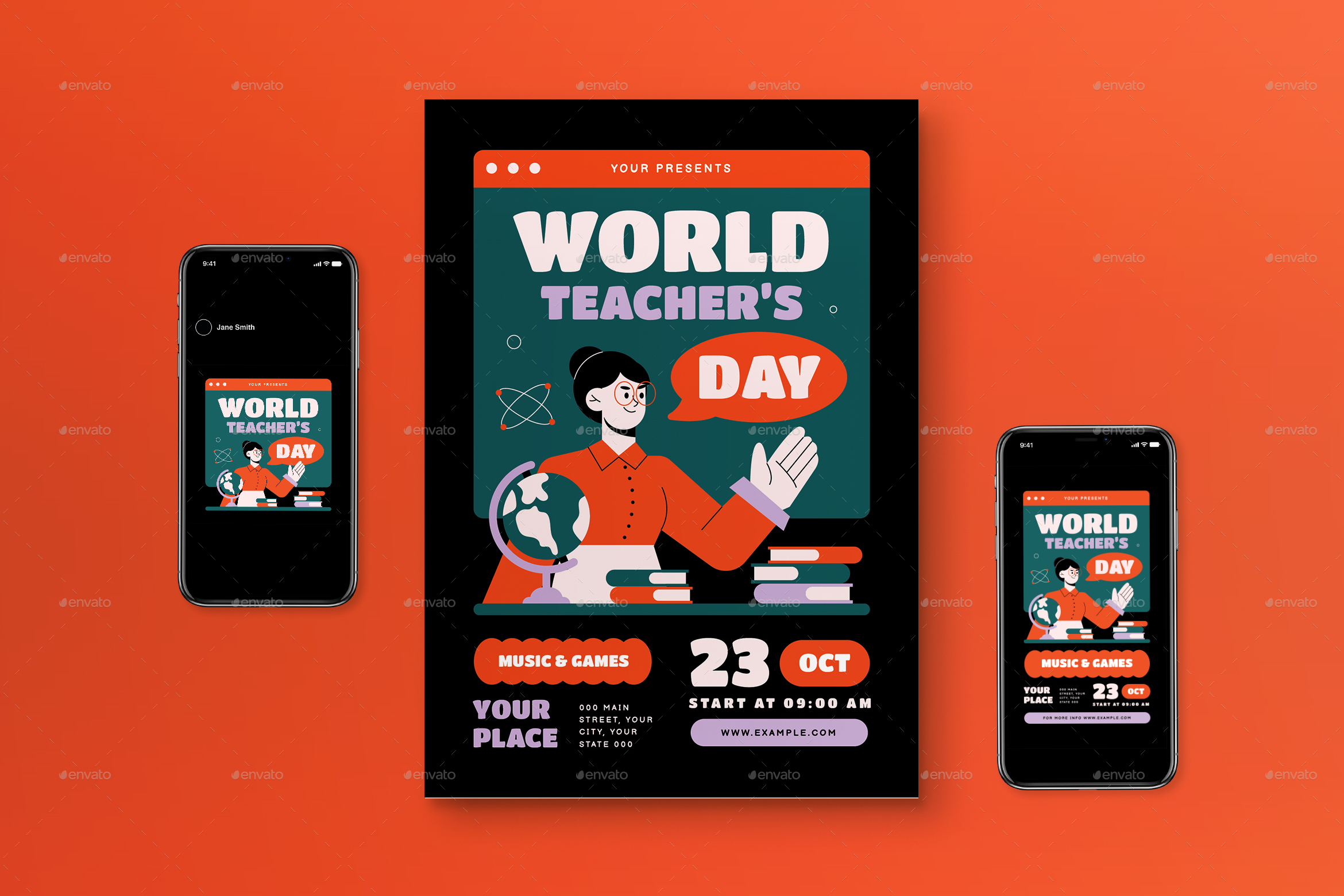 Green Orange Flat Design World Teacher Day Flyer Set, Print Templates