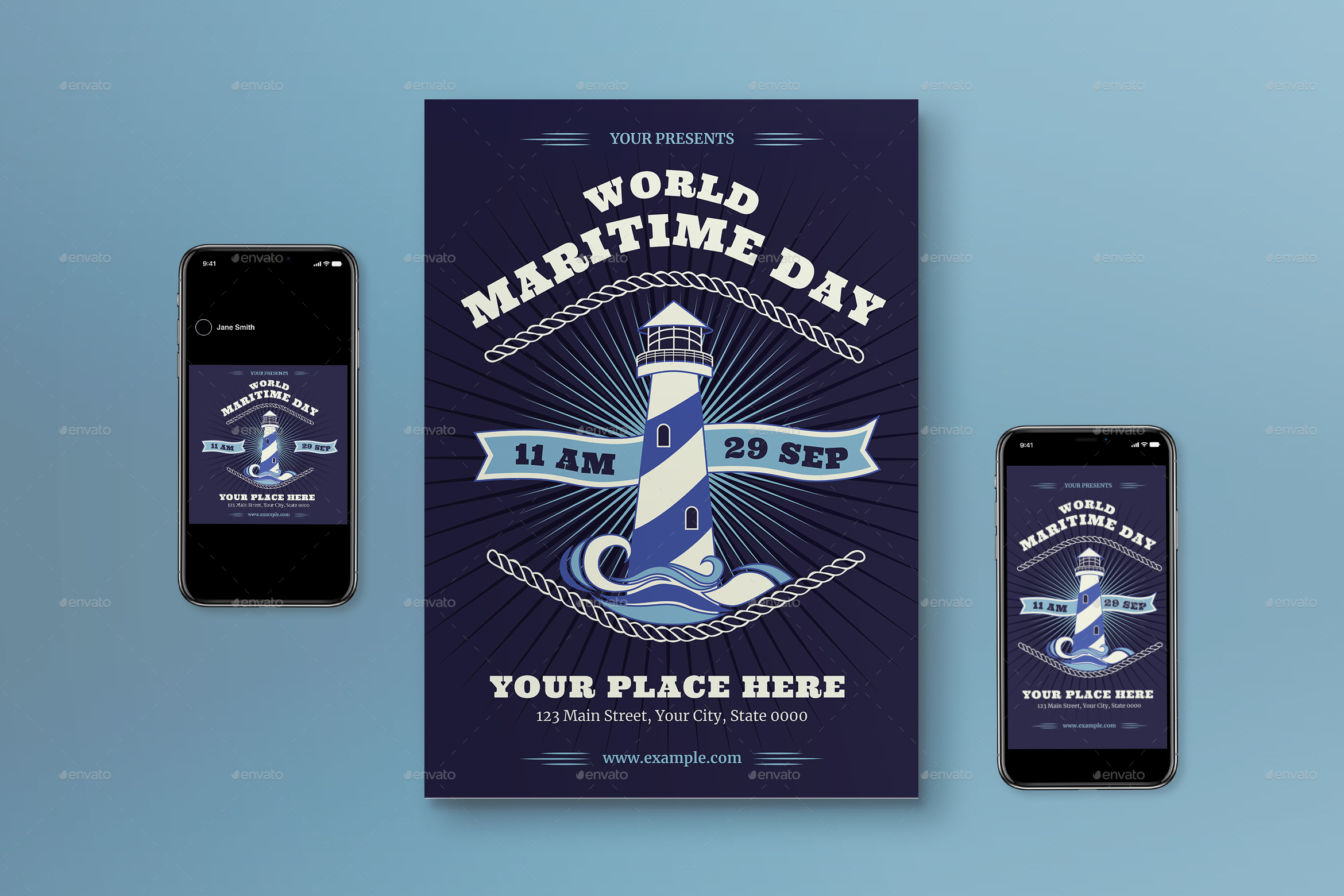 Blue Retro World Maritime Day Flyer Set, Print Templates | GraphicRiver