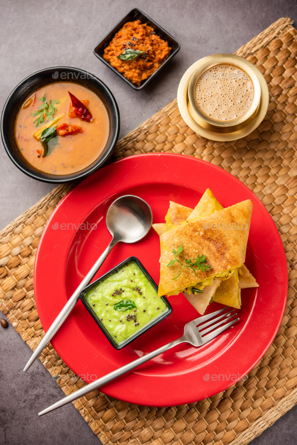Cut Masala dosa or spring dosa is a South Indian meal served with ...