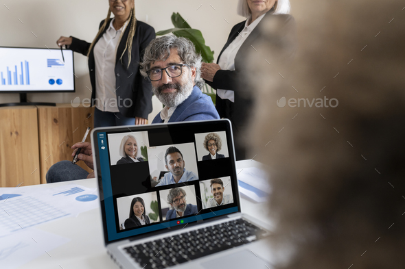 office coworkers make video call meeting - business conference concept ...