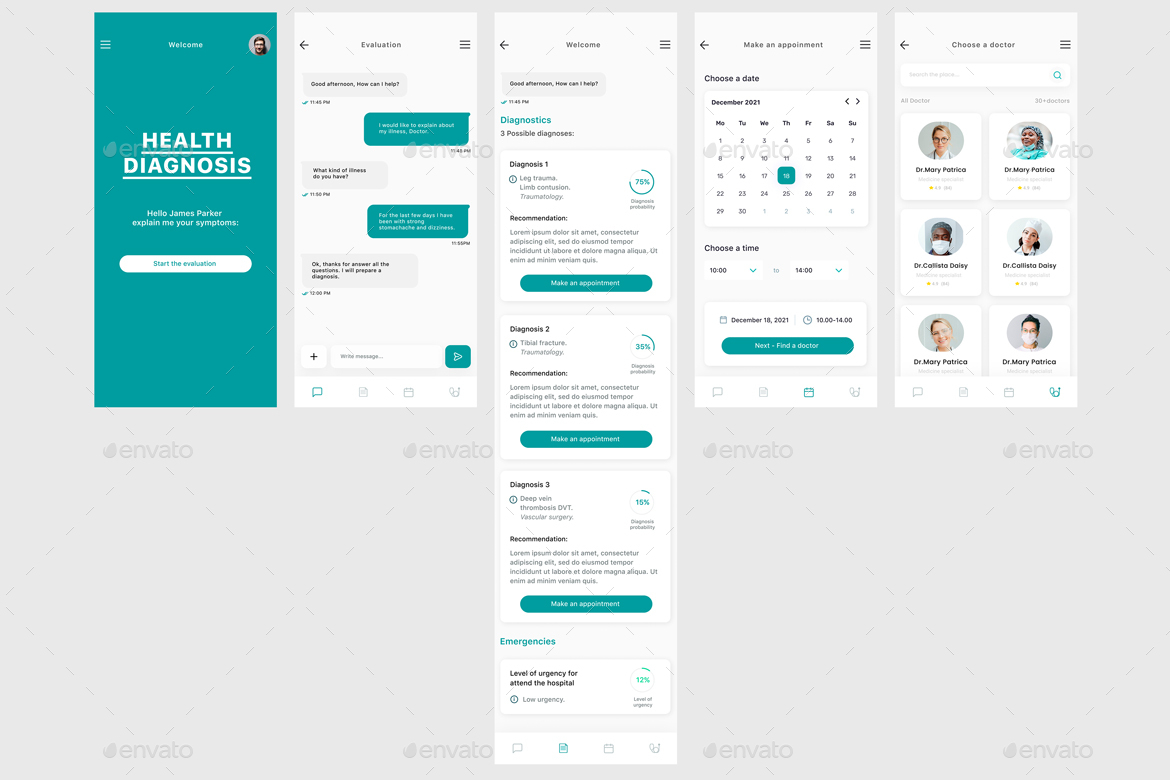 Health Check & Medical Diagnosis Blue App UI Kit, Web Elements ...