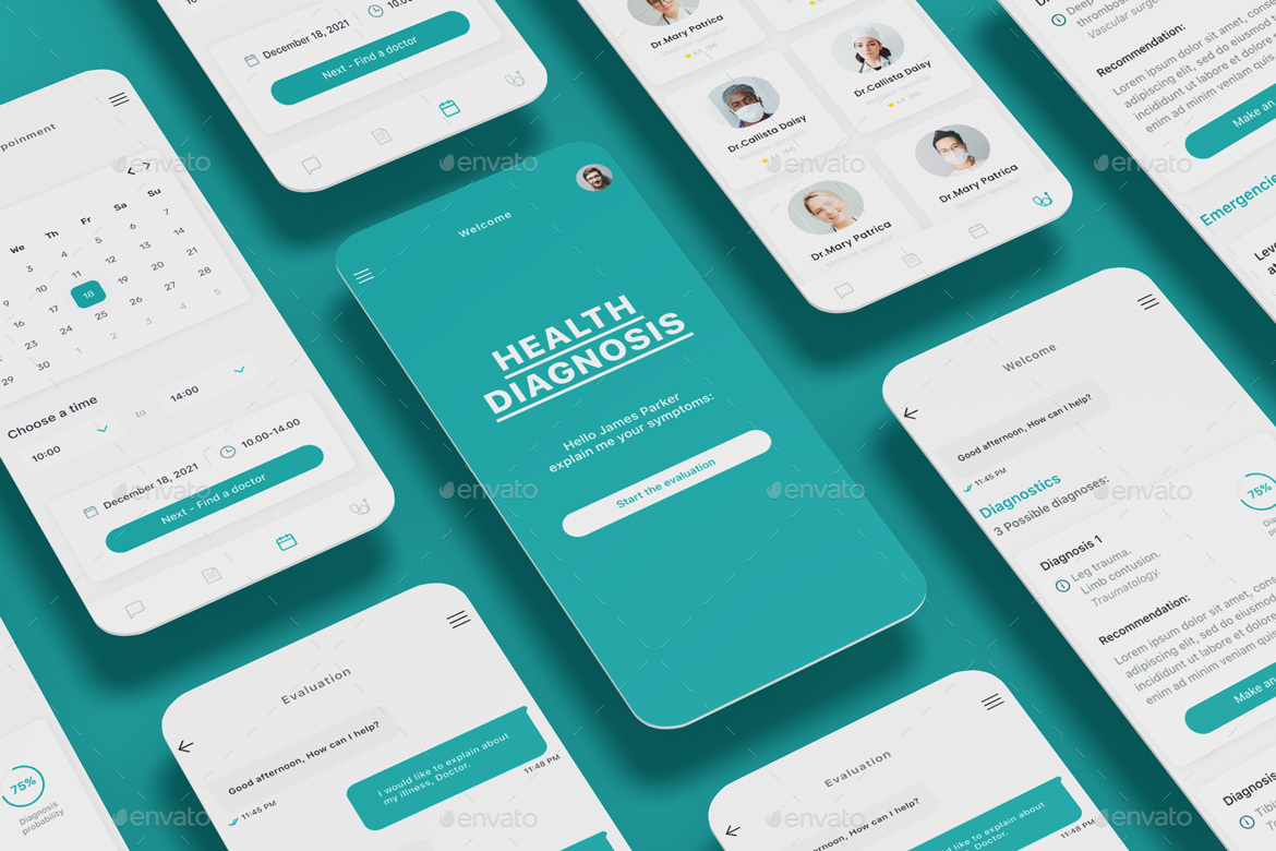 Health Check & Medical Diagnosis Blue App UI Kit, Web Elements ...