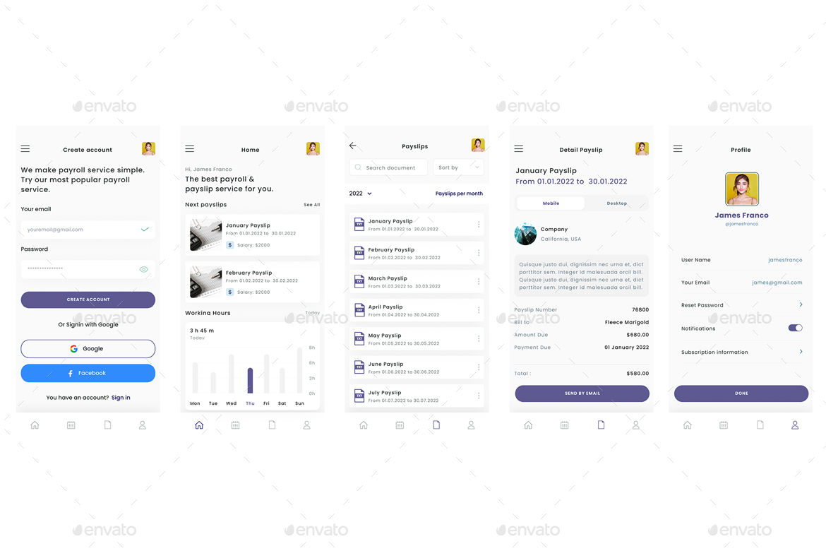 Payroll, Salary, paycheck & payroll App Ui Kit Blue Template, Web Elements