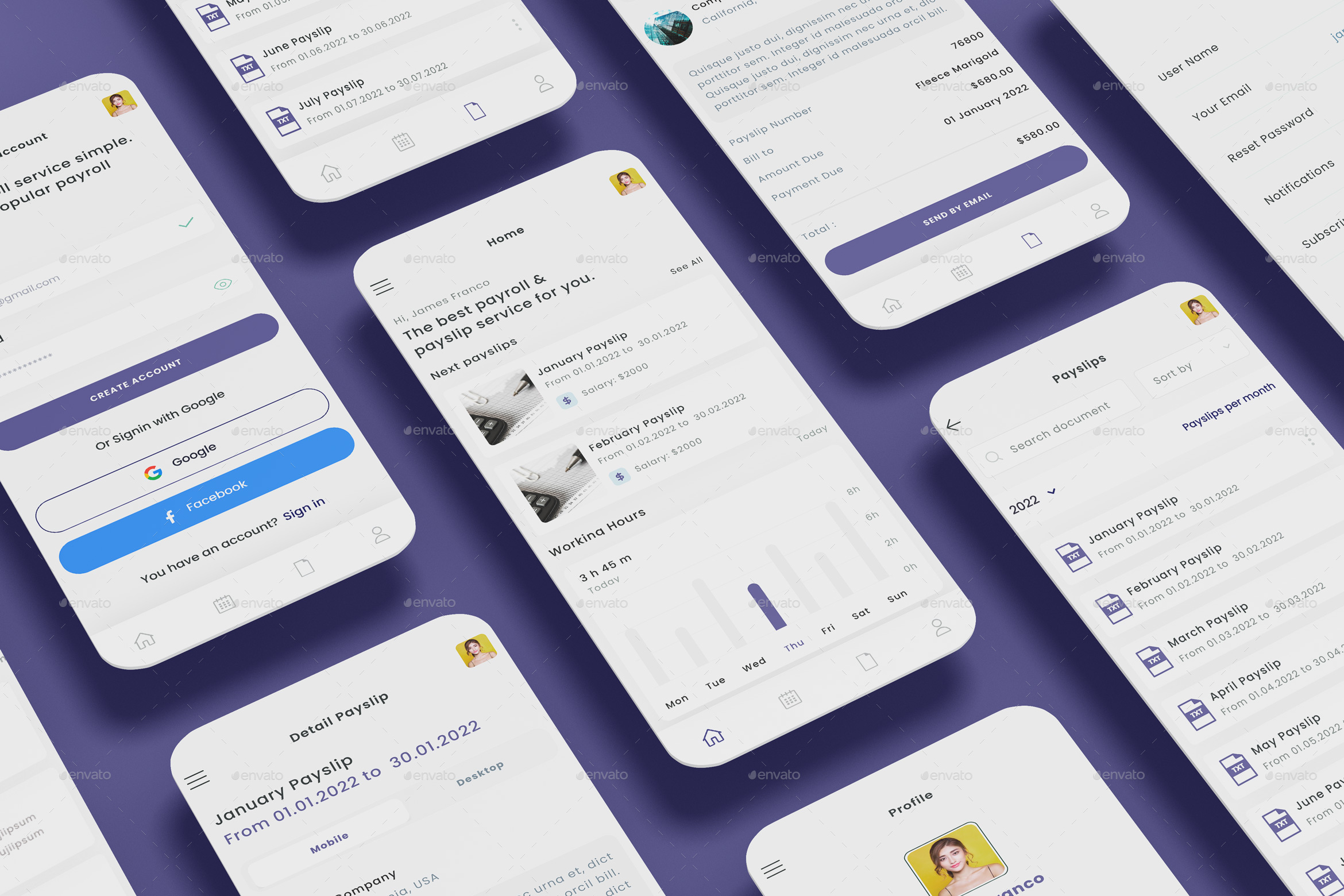 Payroll, Salary, paycheck & payroll App Ui Kit Blue Template, Web Elements
