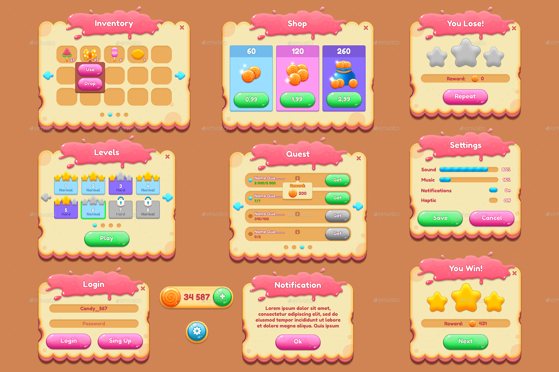 Cake Game UI pack, Game Assets | GraphicRiver