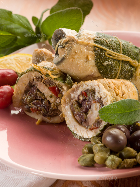 swordfish stuffed with capers olives and sage Stock Photo by MarcoMayer