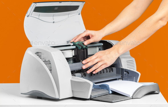 Printer, copier, scanner. Office table Stock Photo by FabrikaPhoto