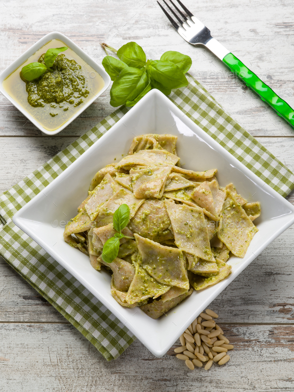 testaroli with pesto sauce, traditional italian recipe Stock Photo by ...