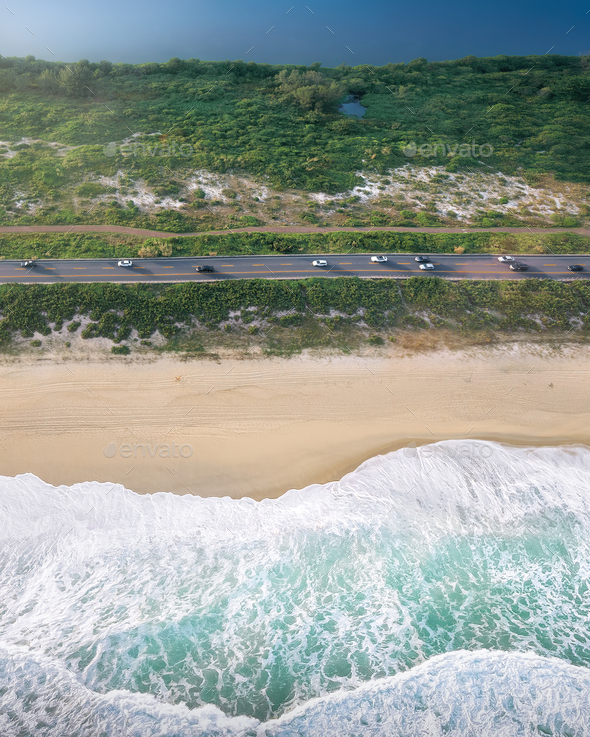Aerial view of road with beach, sea waves, lake and nature Stock Photo ...