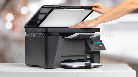 Printer, copier, scanner. Office table Stock Photo by FabrikaPhoto