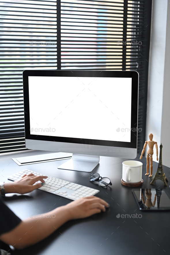 Close up view businesswoman working with modern devices at her office ...