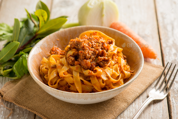 pasta with veal ragout traditional italian recipe Stock Photo by MarcoMayer