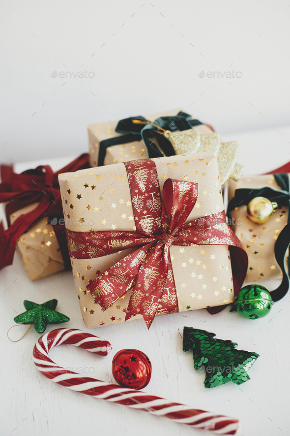 Merry Christmas and Happy Holidays! Modern wrapped christmas gift boxes ...