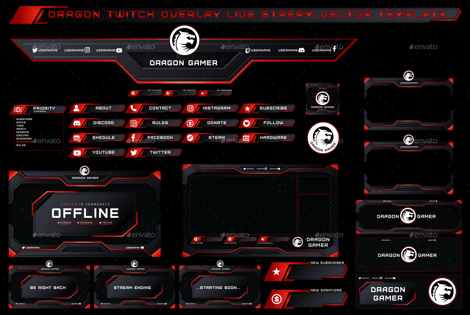 Dragon Twitch Overlay Live Streaming Vector Template, Web Elements