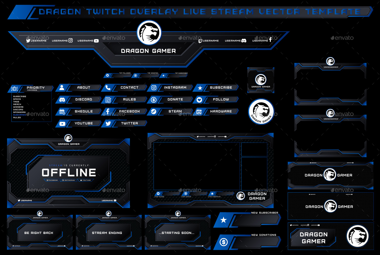 Dragon Twitch Overlay Live Streaming Vector Template, Web Elements