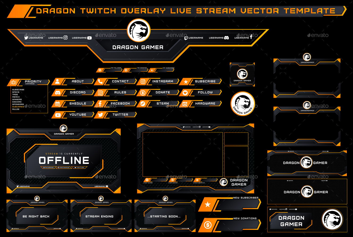 Dragon Twitch Overlay Live Streaming Vector Template, Web Elements