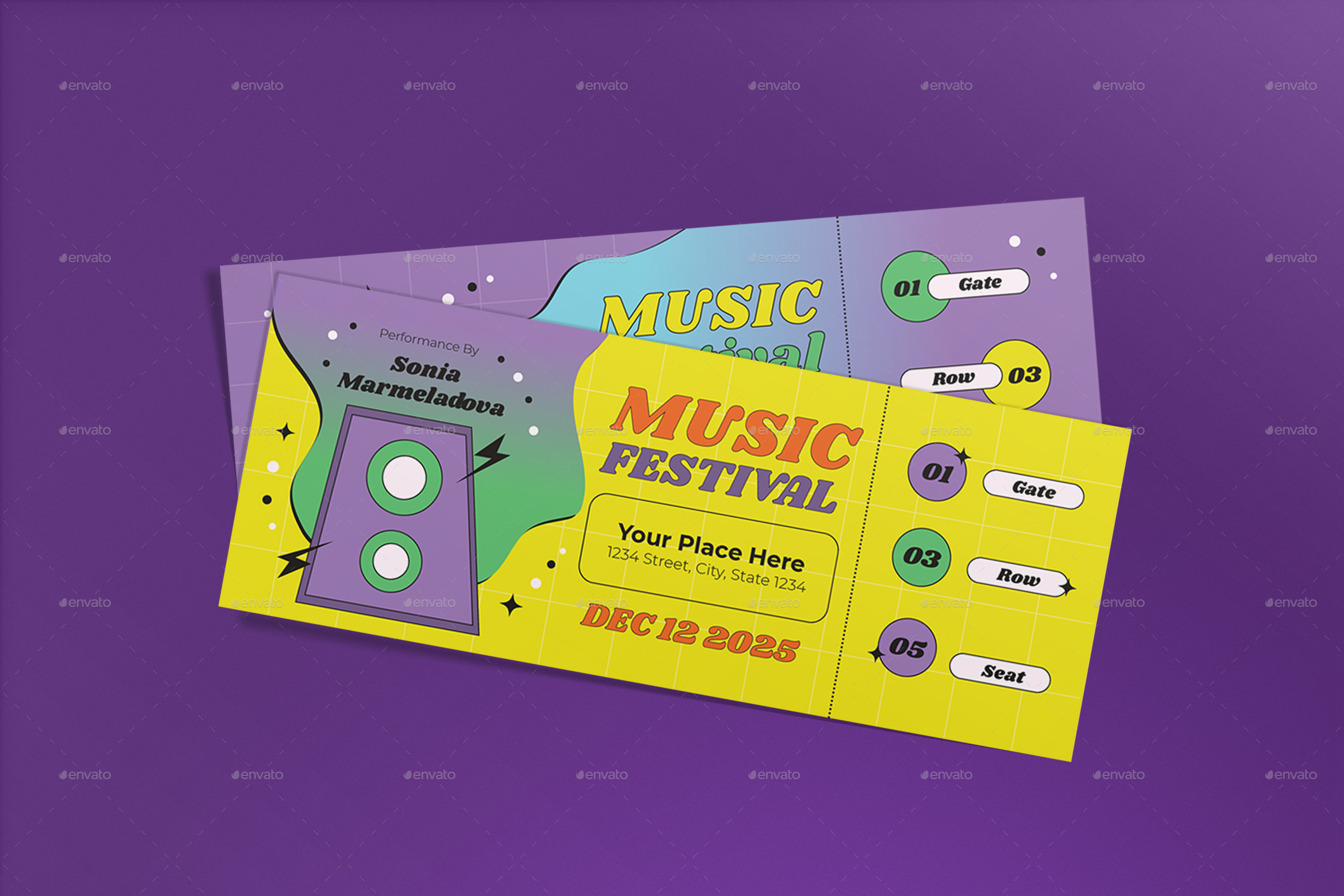 Flat Design Music Fest Ticket, Print Templates | GraphicRiver