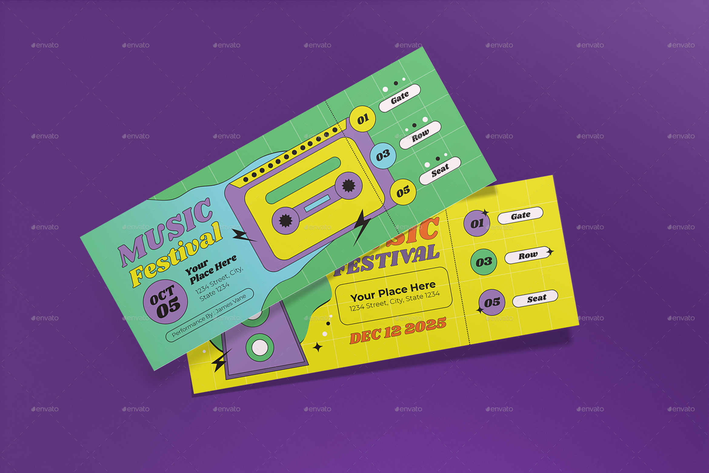 Flat Design Music Fest Ticket, Print Templates | GraphicRiver