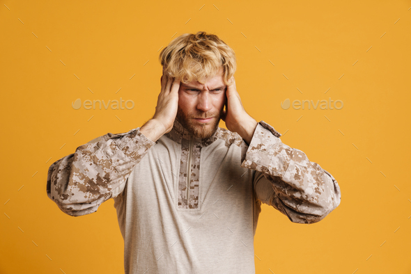 White military man with headache frowning and rubbing his temples Stock ...