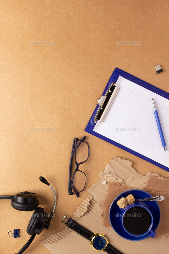 Clipboard paper and stationary supplies on table background texture ...