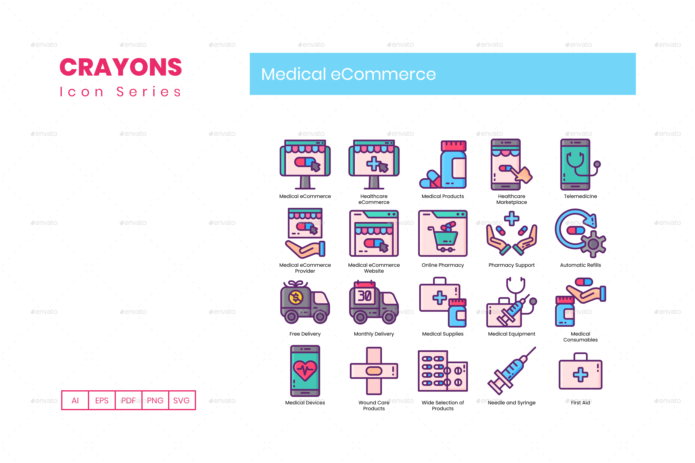 50 Medical eCommerce Icons | Crayons Series, Icons | GraphicRiver
