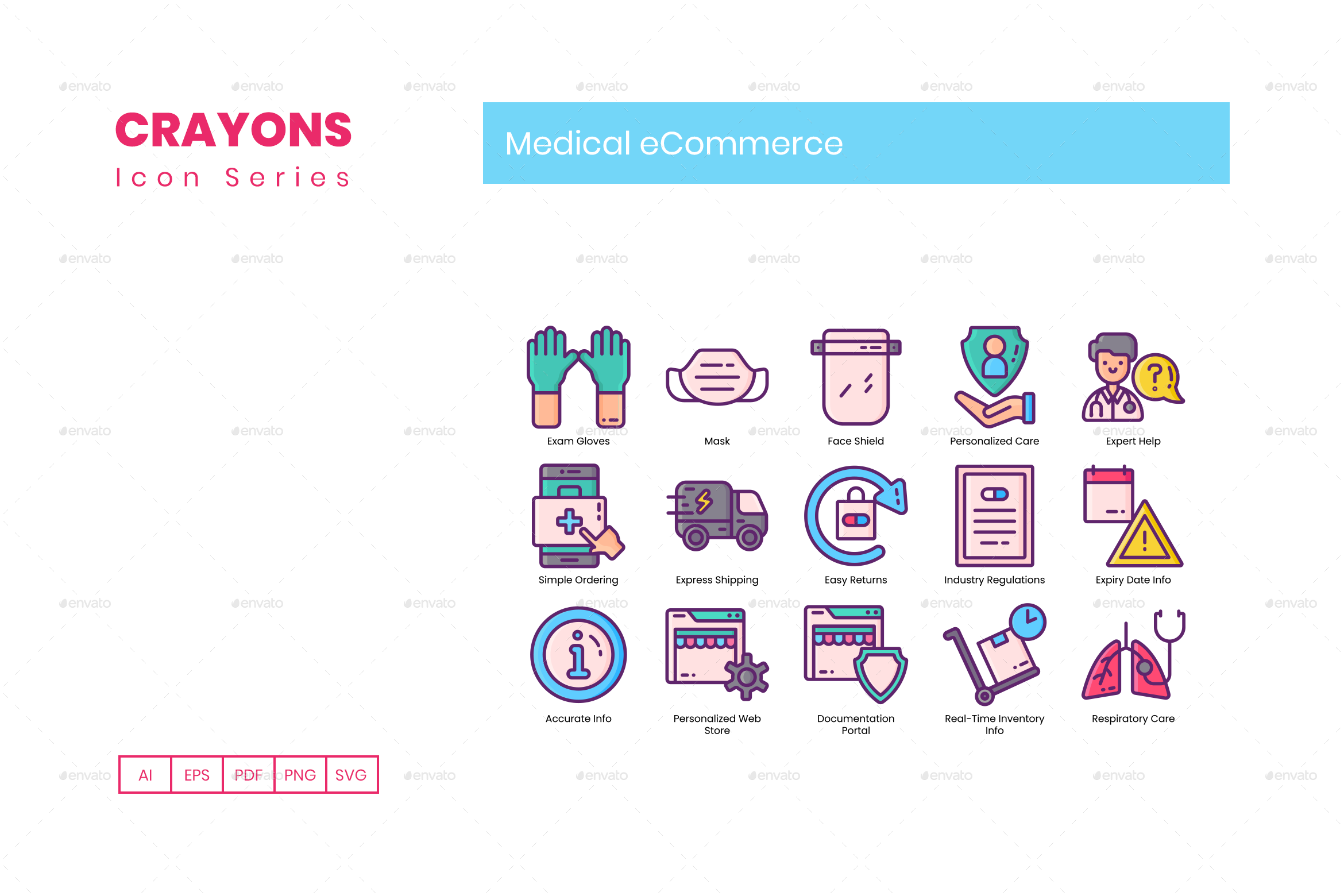 50 Medical eCommerce Icons | Crayons Series, Icons | GraphicRiver