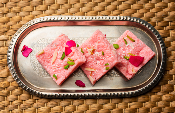 Rose Kalakand pink barfi or burfi also known as flavoured Mishri Mava ...